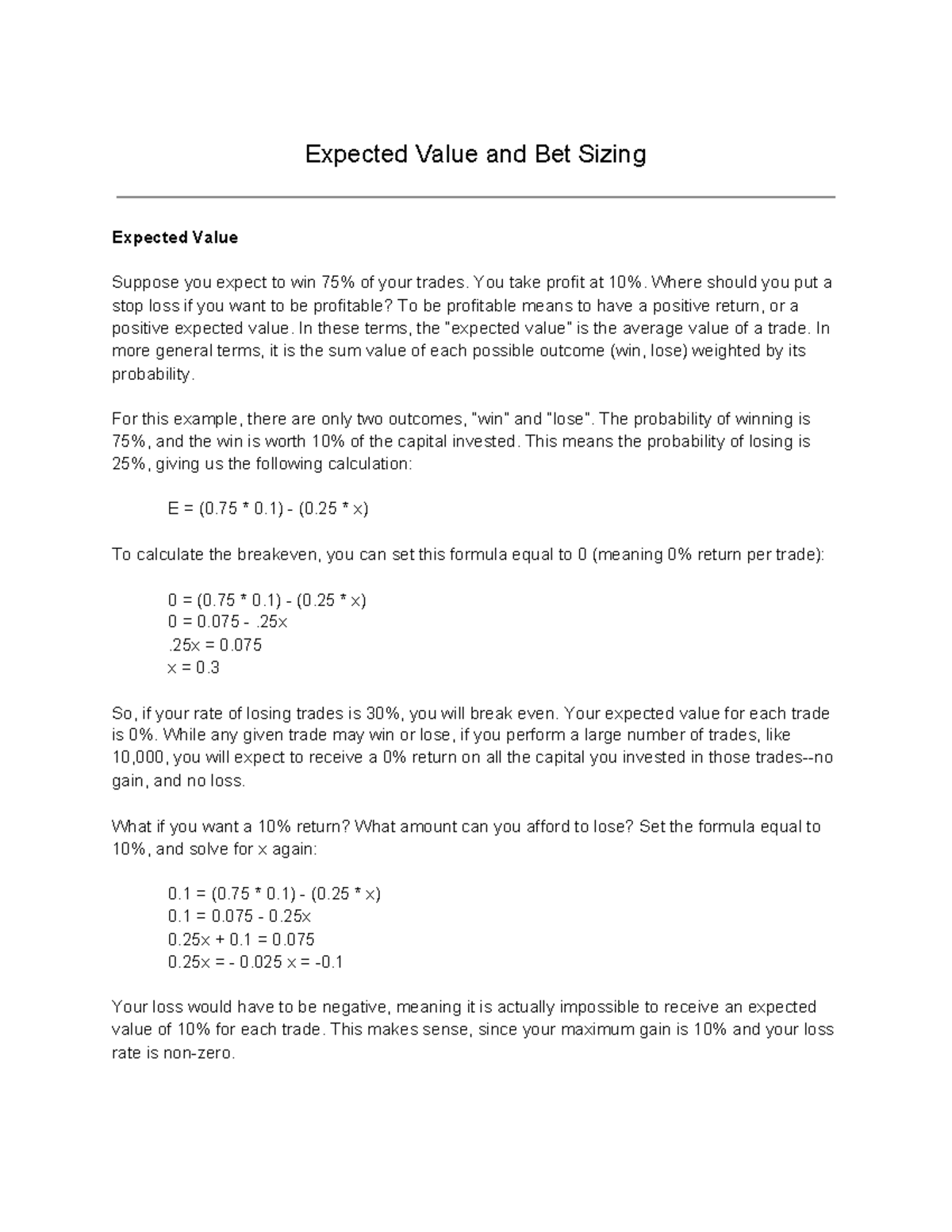 Expected Value and Bet Sizing - Expected Value and Bet Sizing Expected ...