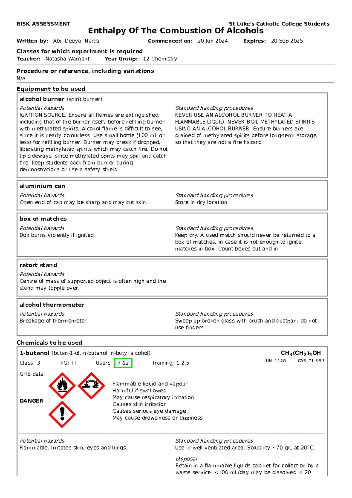 Enthalpy of the combustion of alcohols - alcohol burner (spirit burner ...