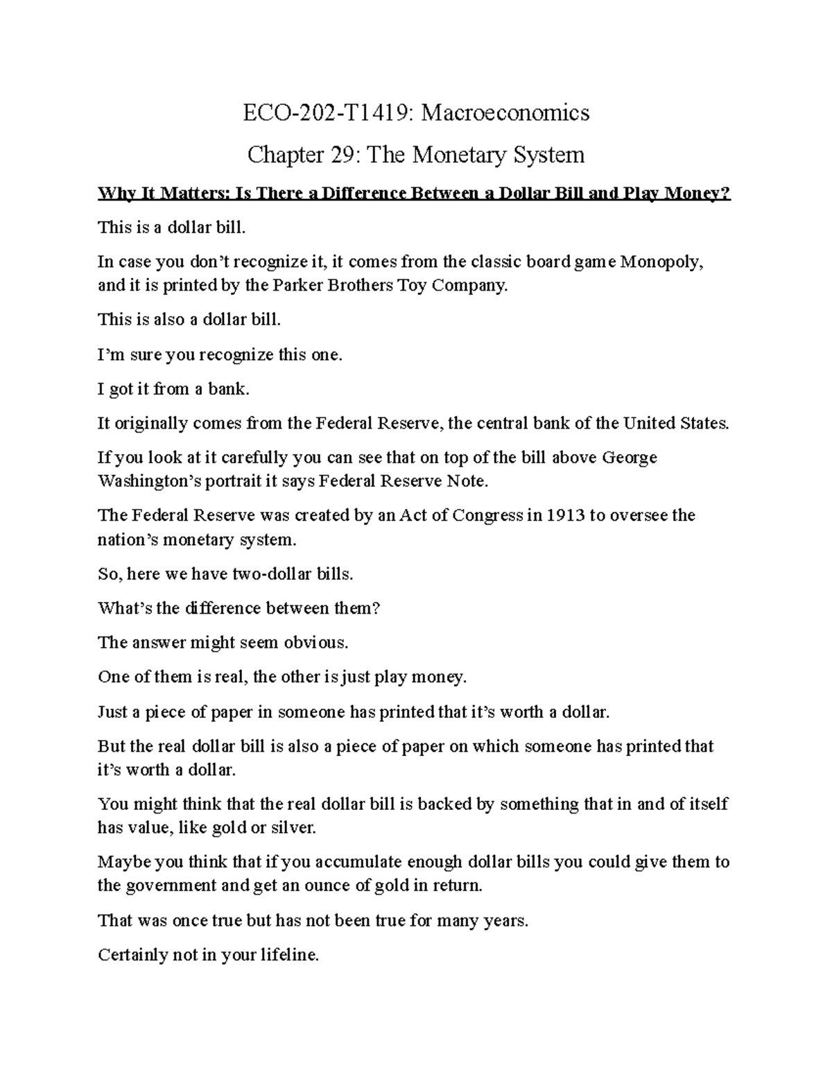 Chapter 29 The Monetary System Eco 202 T1419 Macroeconomics Chapter