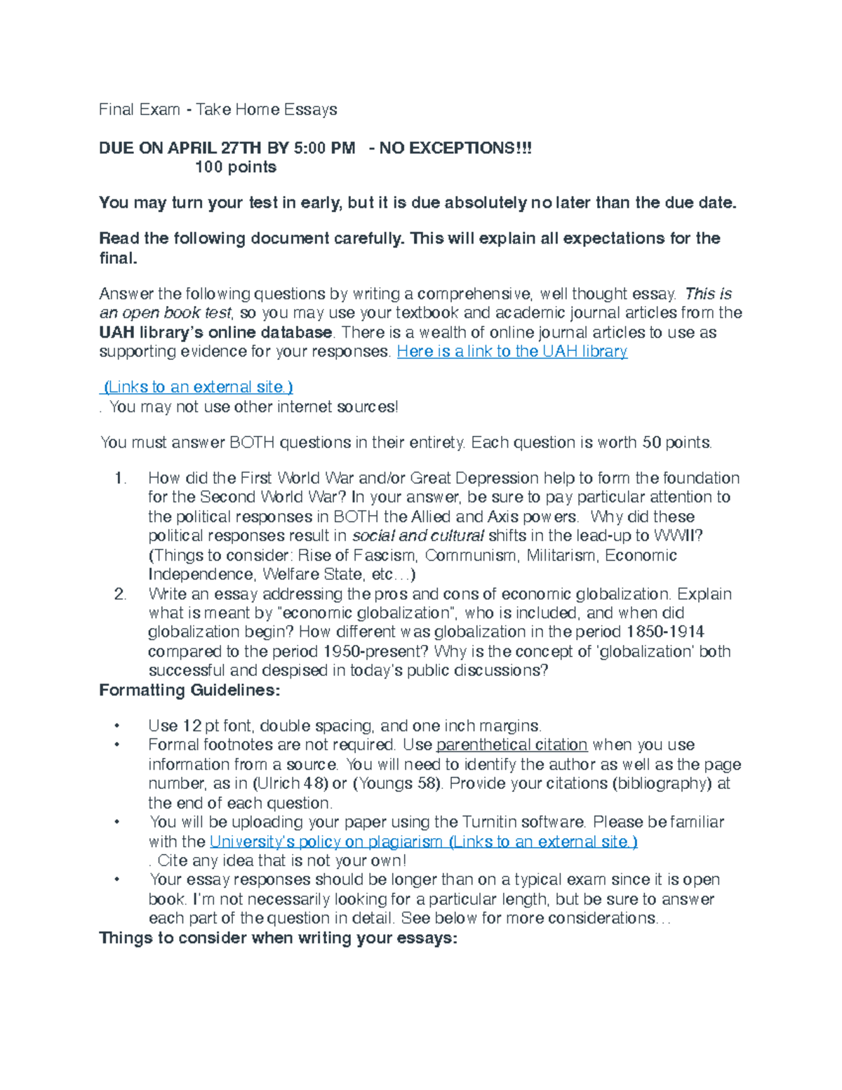 Final EXAM Instructions - Final Exam - Take Home Essays DUE ON APRIL ...