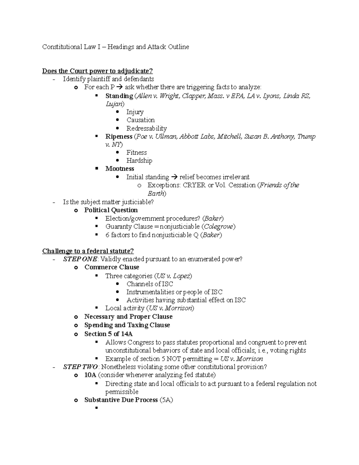 Con law attack outline - Constitutional Law I – Headings and Attack ...