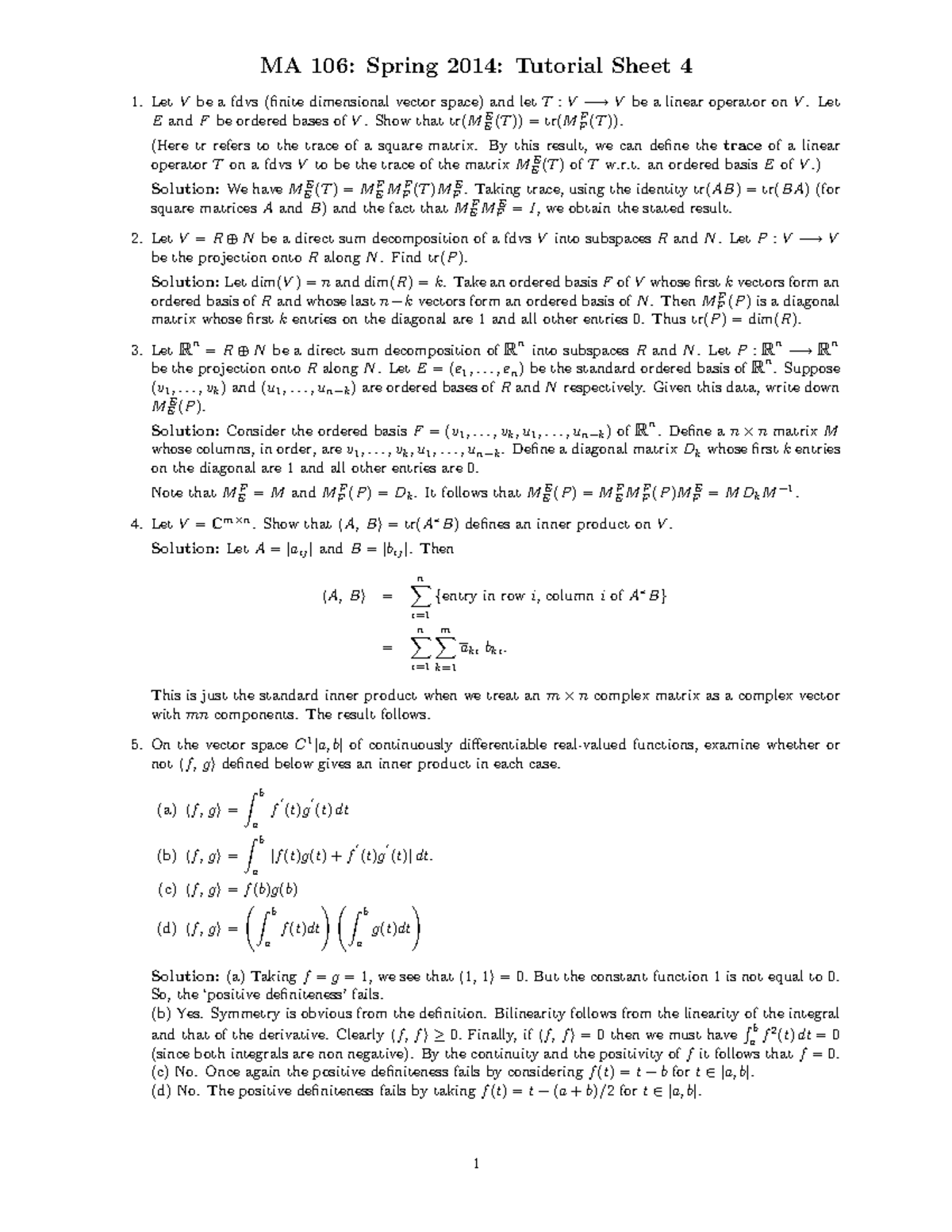 Tutorial 4 Solutions Ma 106 Spring 2014 Tutorial Sheet 4 Letvbe A Fdvs Finite Dimensional