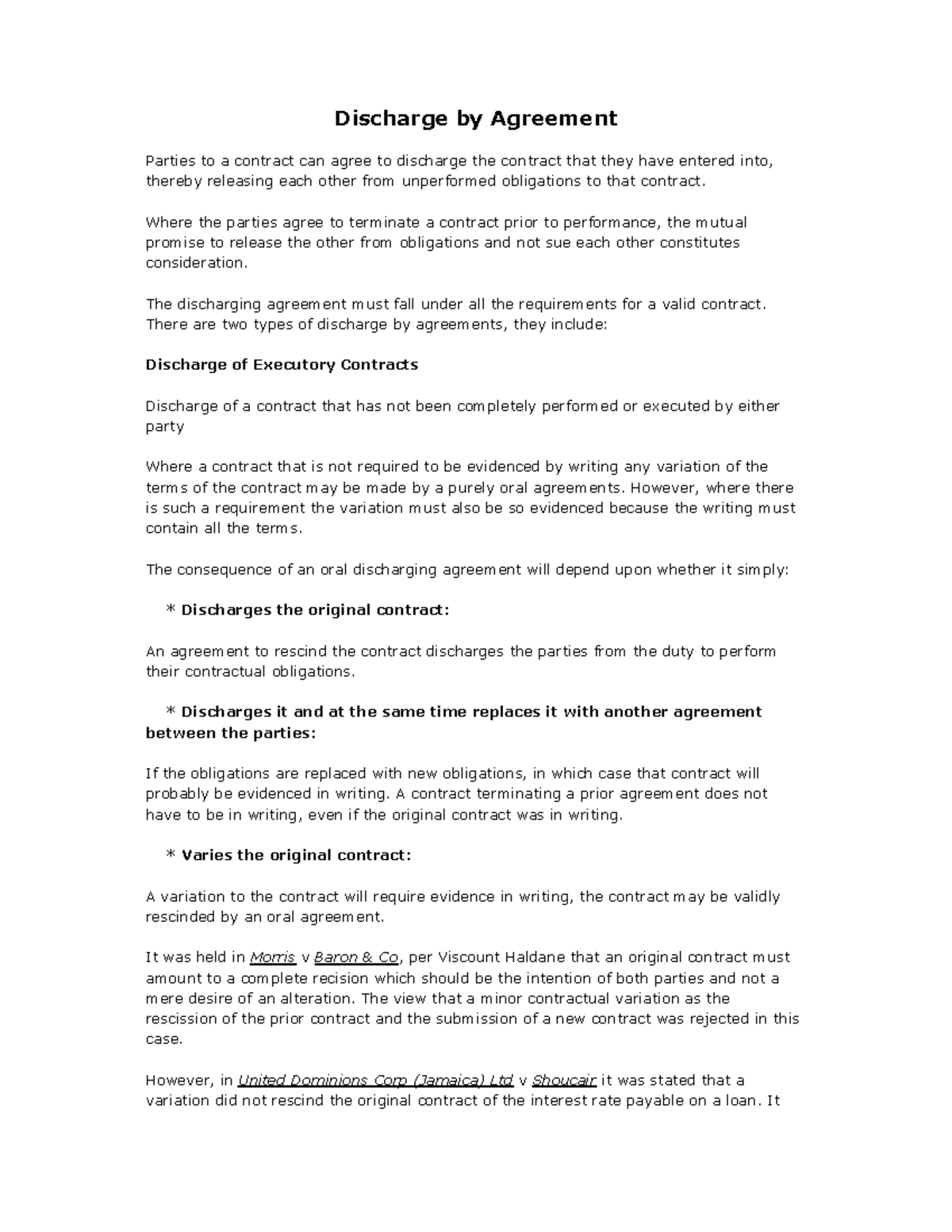 Contract- Discharge and extra notes - Discharge by Agreement Parties to ...