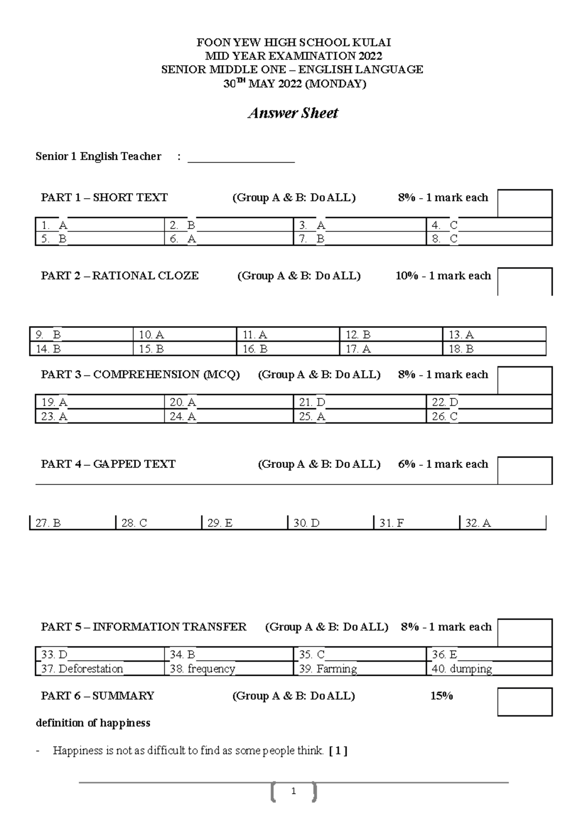 MID TERM English Senior 1 2022 Teacher Answers - FOON YEW HIGH SCHOOL ...