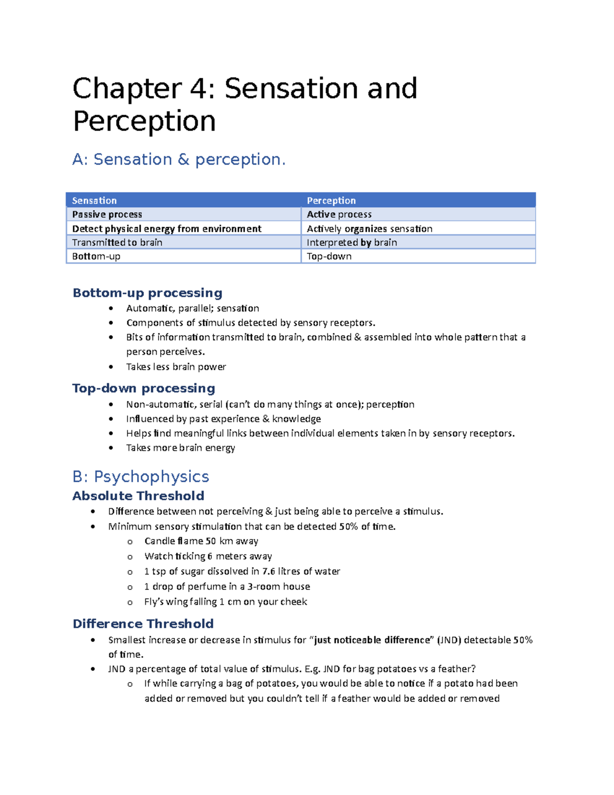 PSYC - Lecture notes 4 - Chapter 4: Sensation and Perception A ...