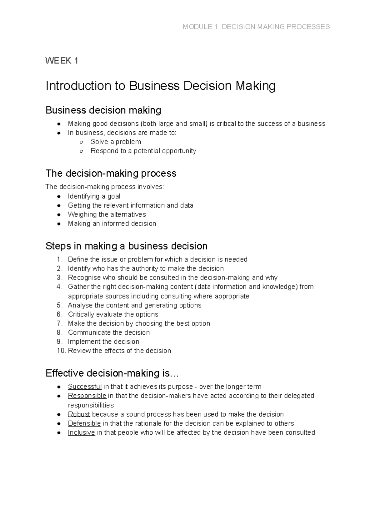 WEEK 1 - Week 1 notes - WEEK 1 Introduction to Business Decision Making ...
