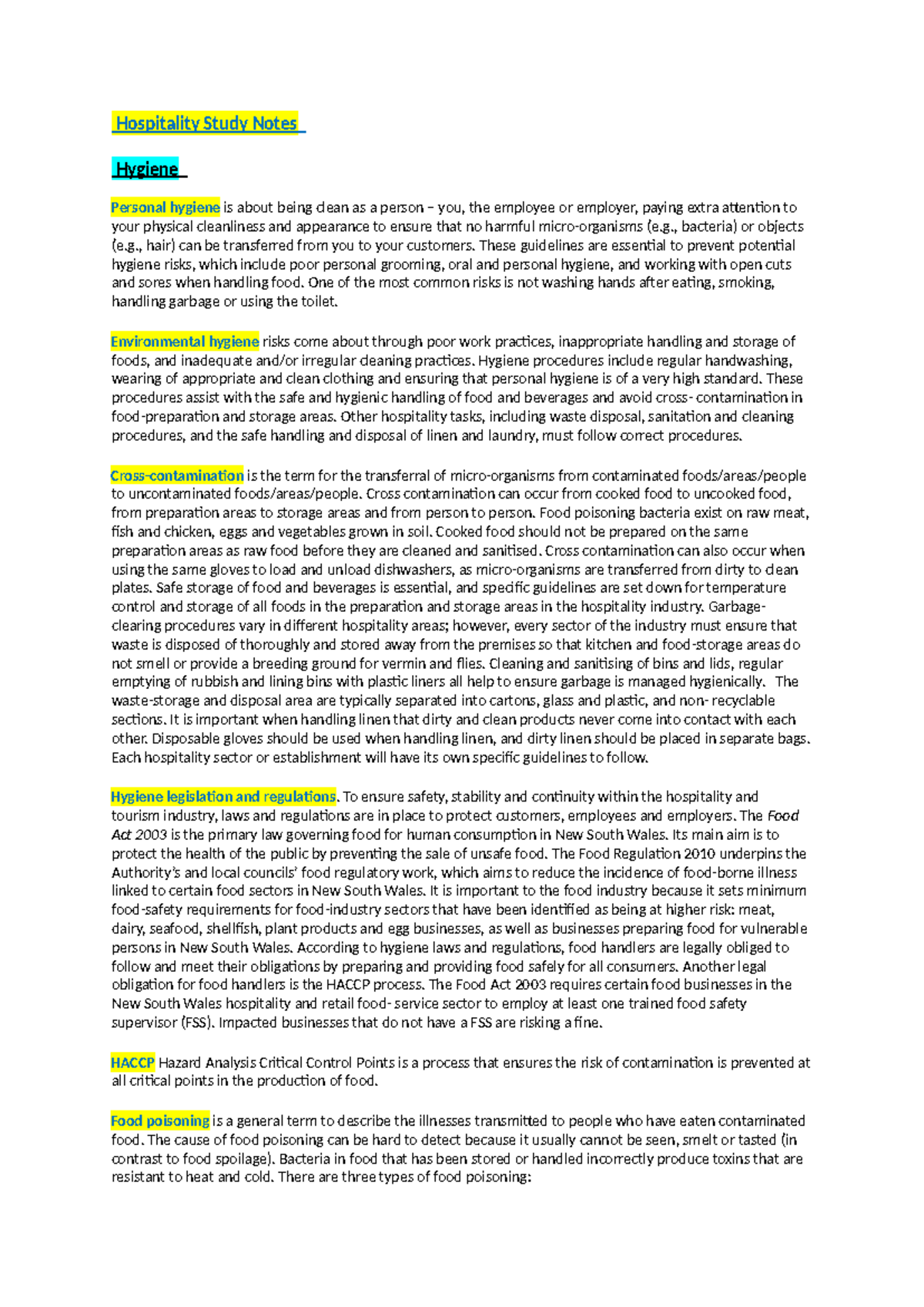 Hospitalilty Notes - Hospitality Study Notes Hygiene Personal hygiene ...