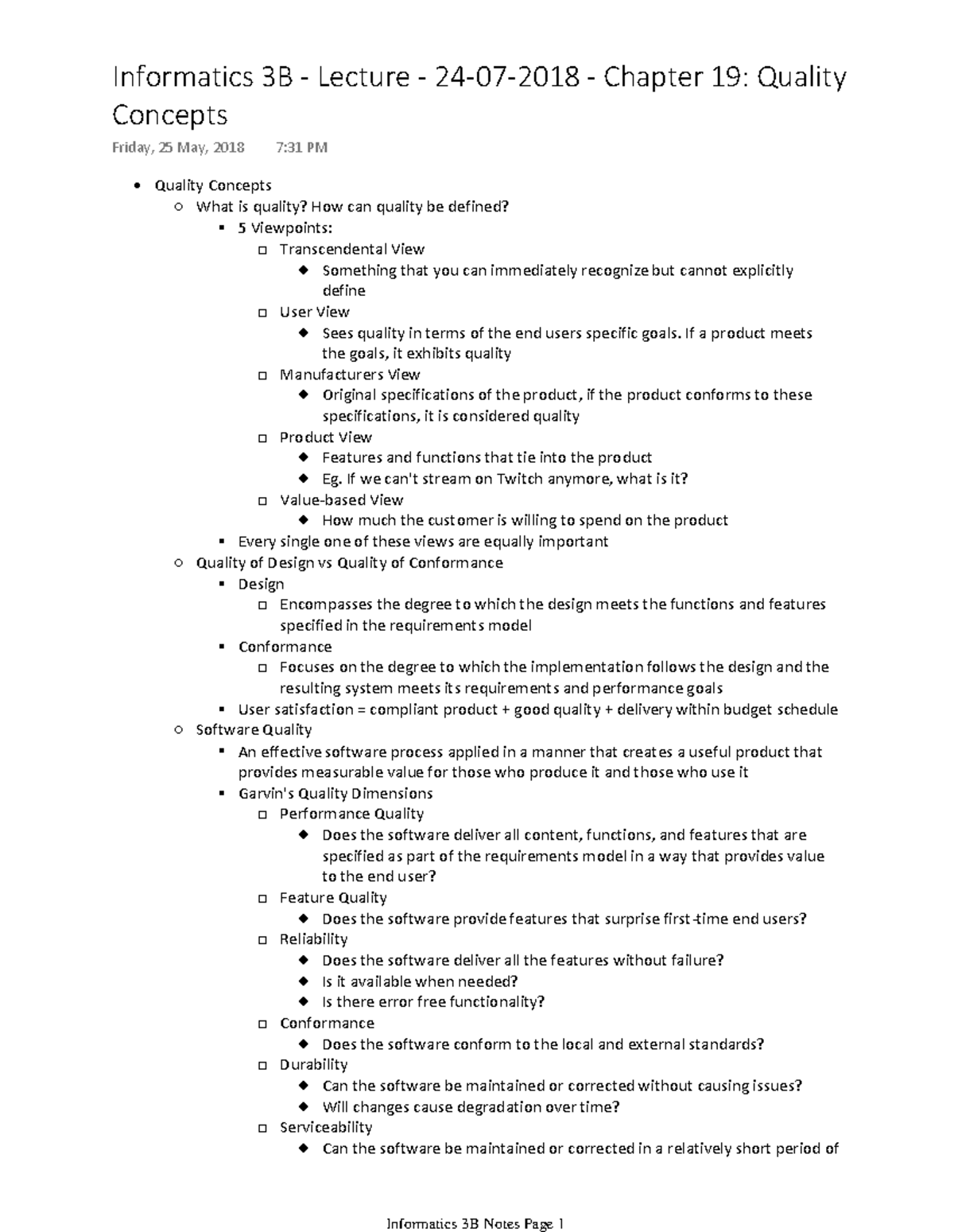 Informatics 3B - Lecture - 24-07-2018 - Chapter 19 Quality Concepts ...