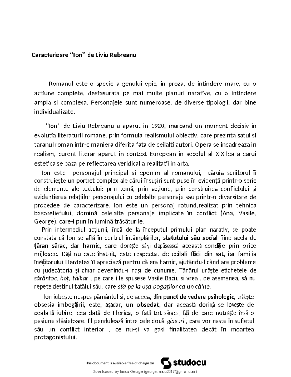 caracterizare ion de liviu rebreanu - Downloaded by Iancu George ...
