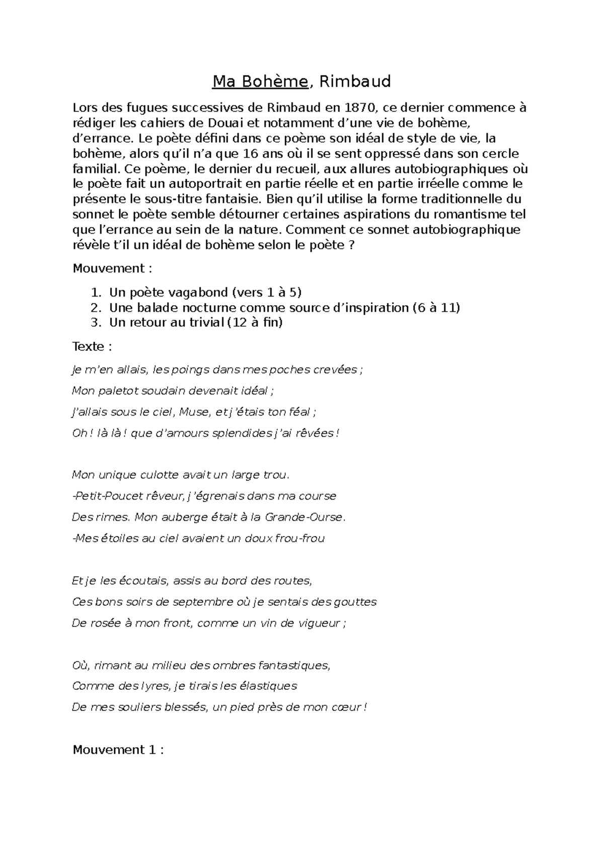 Ma bohème lecture linéaire - Ma Bohème, Rimbaud Lors des fugues successives de Rimbaud en 1870 ...