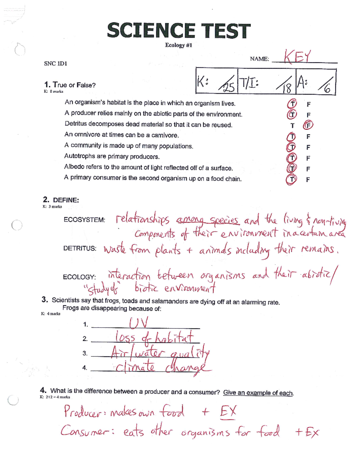 Test #1 (KEY) - Science - SCIENCE TEST Ecology NAME: KEY SNC 1D1 1 ...
