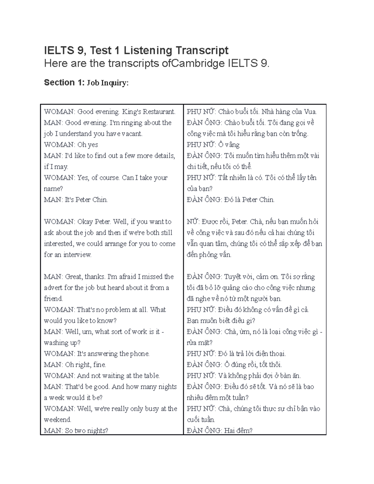 CAM 9 Listening TEST Nam - IELTS 9, Test 1 Listening Transcript Here ...