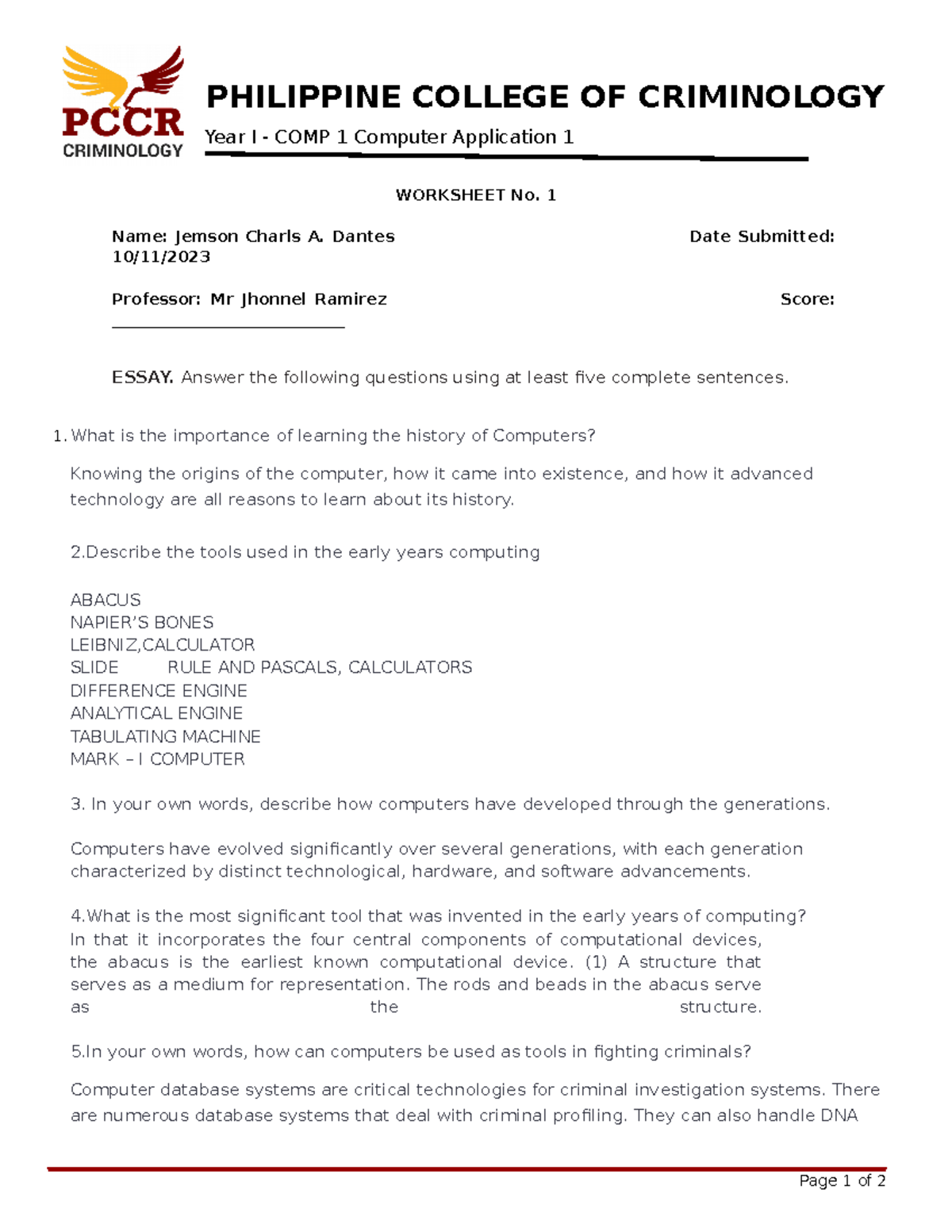 Worksheet 1 - TOOLS AND COMPUTERS HISTORy - IT Application Tools in ...