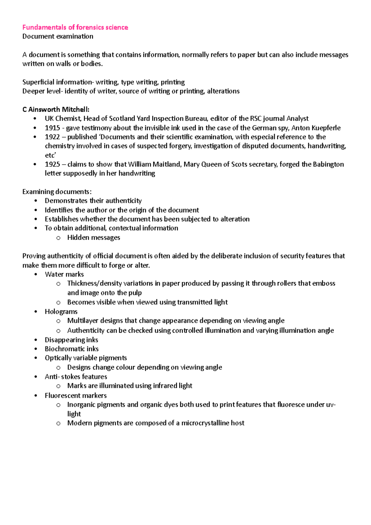 W4 document examination notes - Fundamentals of forensics science ...