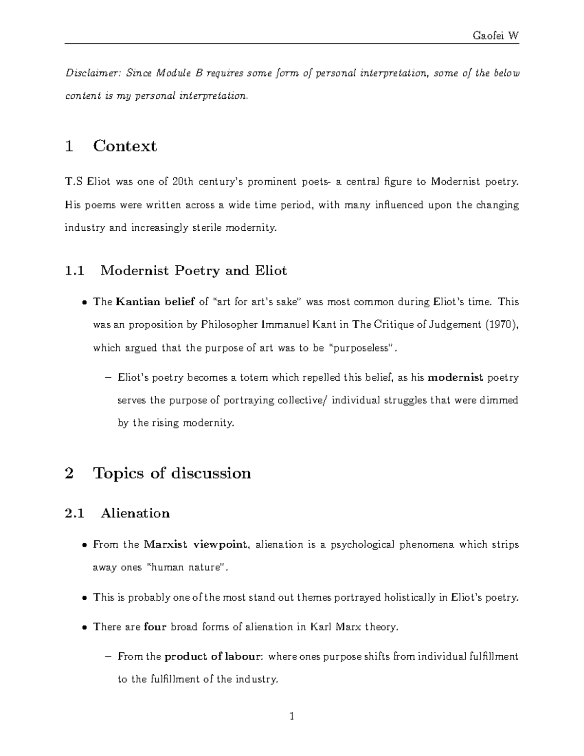 Eliot and Poems - hsc work - Gaofei W Disclaimer: Since Module B ...
