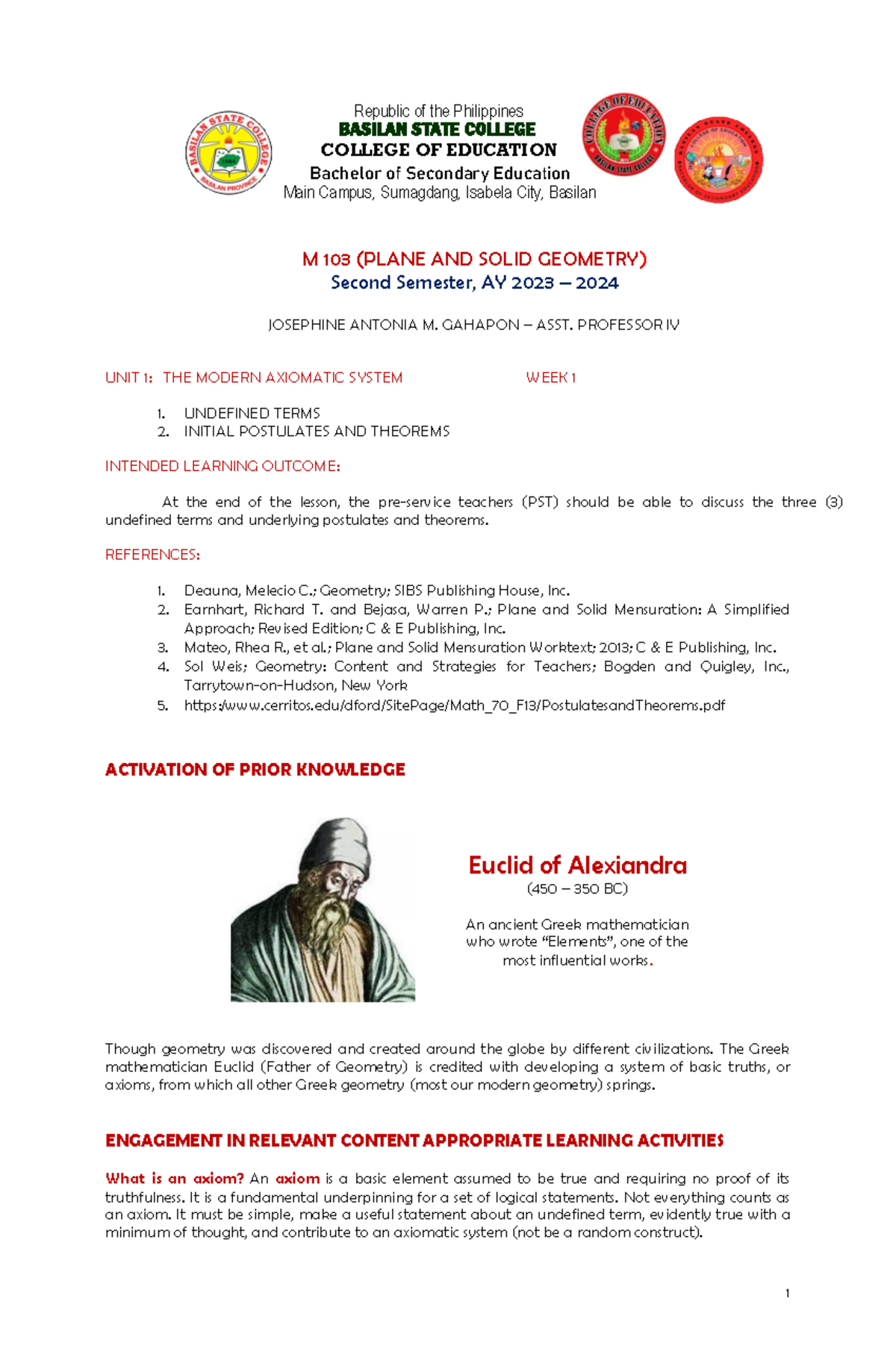 M 103 UNIT 1 - Summary Education - Republic of the Philippines BASILAN ...