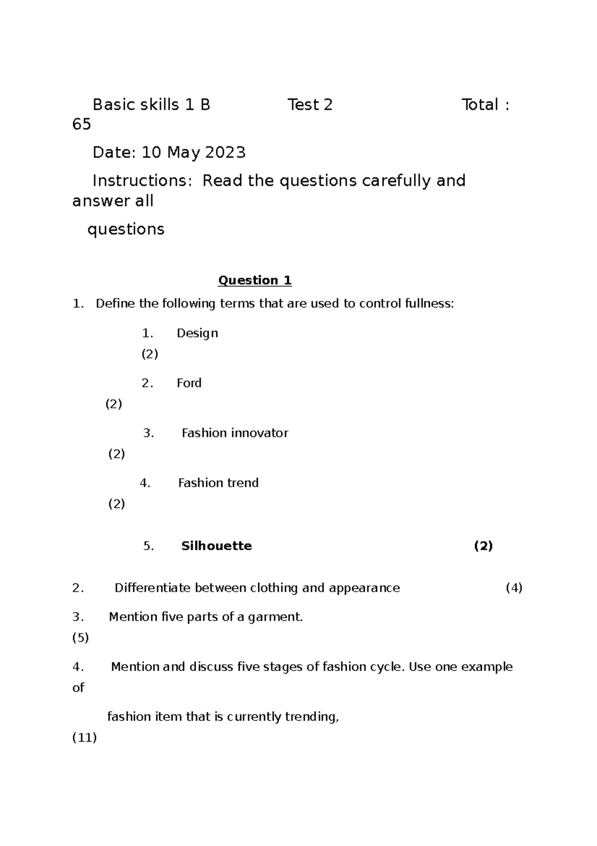 basic skills 1a - Basic skills 1 B Test 2 Total : 65 Date: 10 May 2023 ...