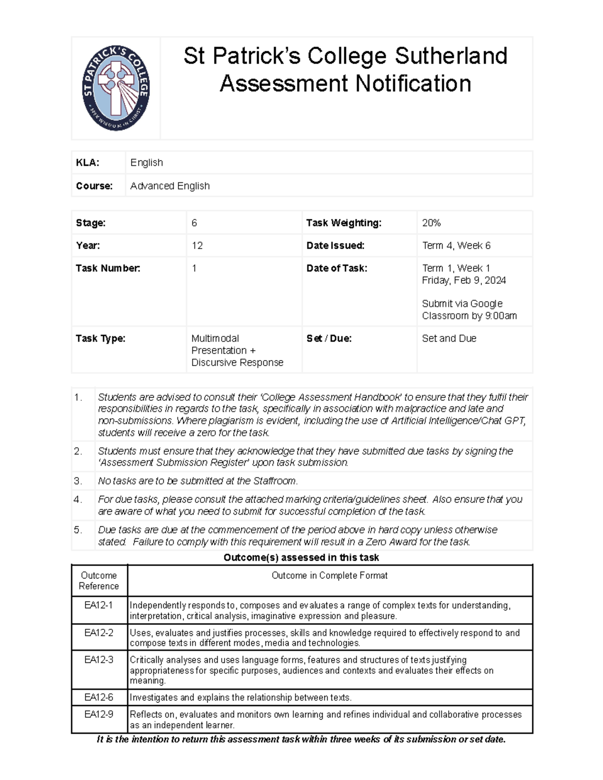 Year 12 Advanced English Task 1 Notification 2023 2024 - St Patrick’s ...