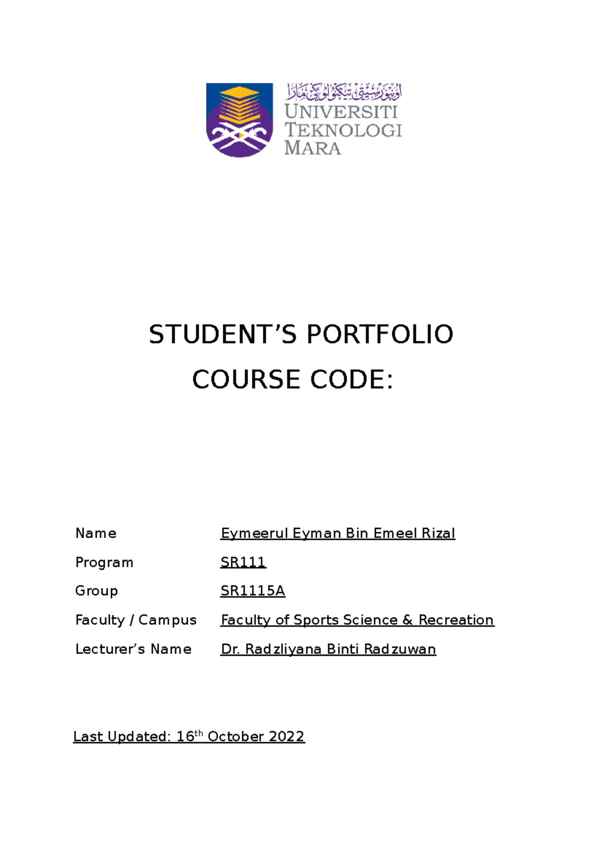 Student's portfolio - STUDENT’S PORTFOLIO COURSE CODE: Last Updated: 16 ...