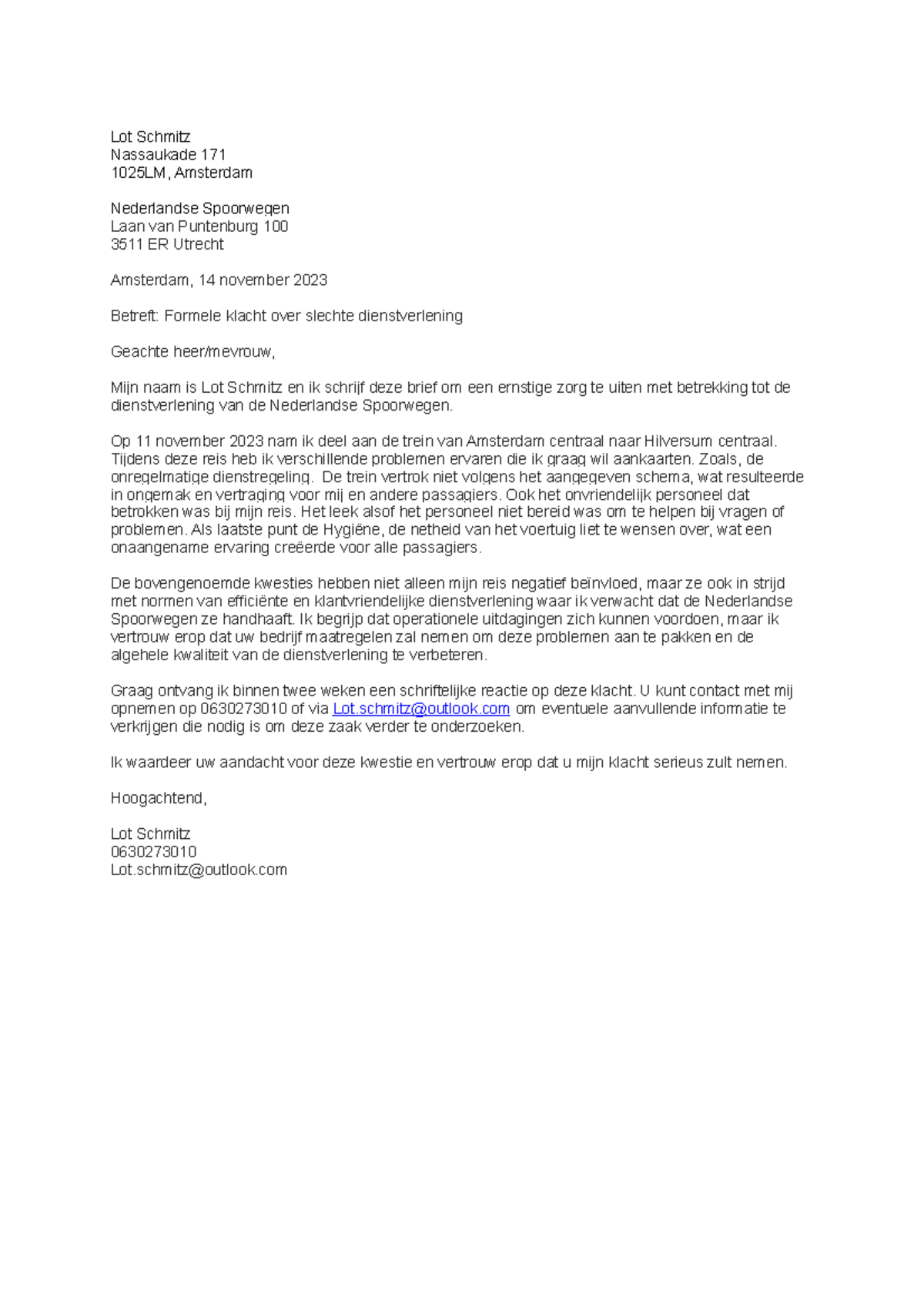 Formele klachtenbrief - Lot Schmitz Nassaukade 171 1025LM, Amsterdam ...