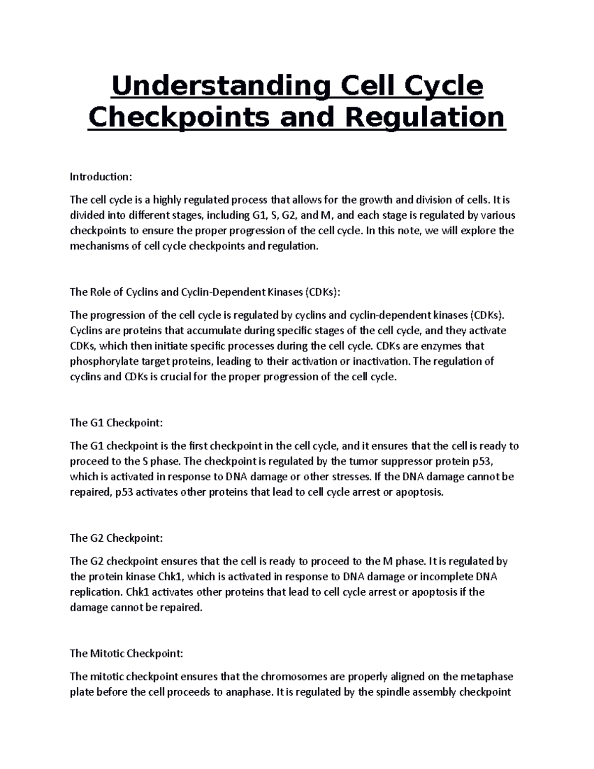 BIOL-3500-15 - Understanding Cell Cycle Checkpoints and Regulation ...