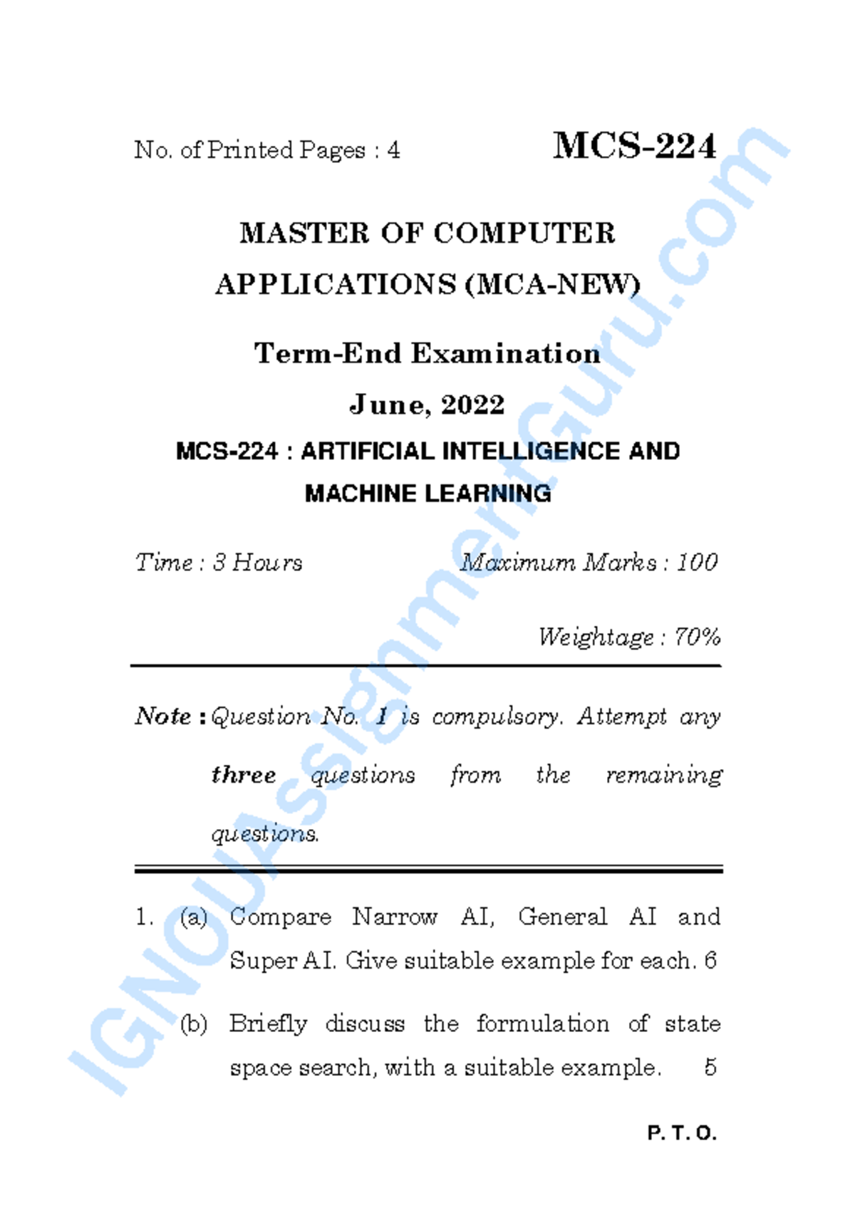 MCS-224 June2010-June2023 Ignouassignment Guru - P. T. O. No. of Printed Pages : 4 MCS- MASTER ...