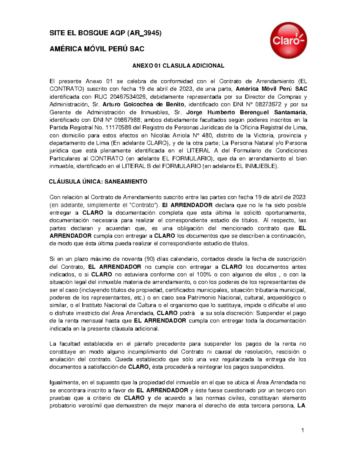 Clausula Adicional SITE EL Bosque - SITE EL BOSQUE AQP (AR_3945) AMÉRICA MÓVIL PERÚ SAC ANEXO 01 ...