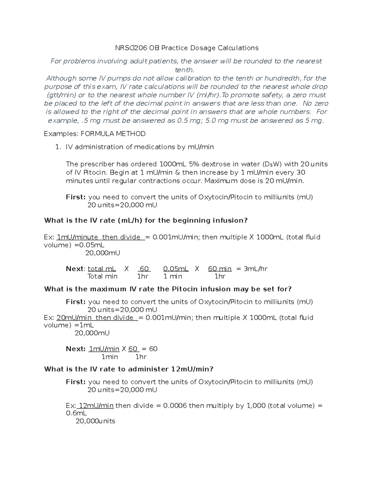 OB Practice Dosage Formula Method - NRSG206 OB Practice Dosage ...