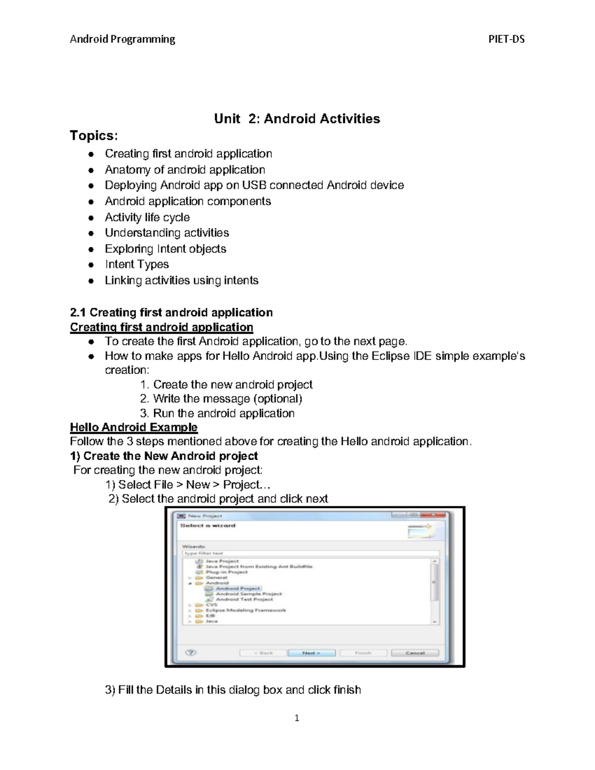 Ch 2 Topics Unit 2 Android Activities Creating First Android Application Anatomy Unit 2