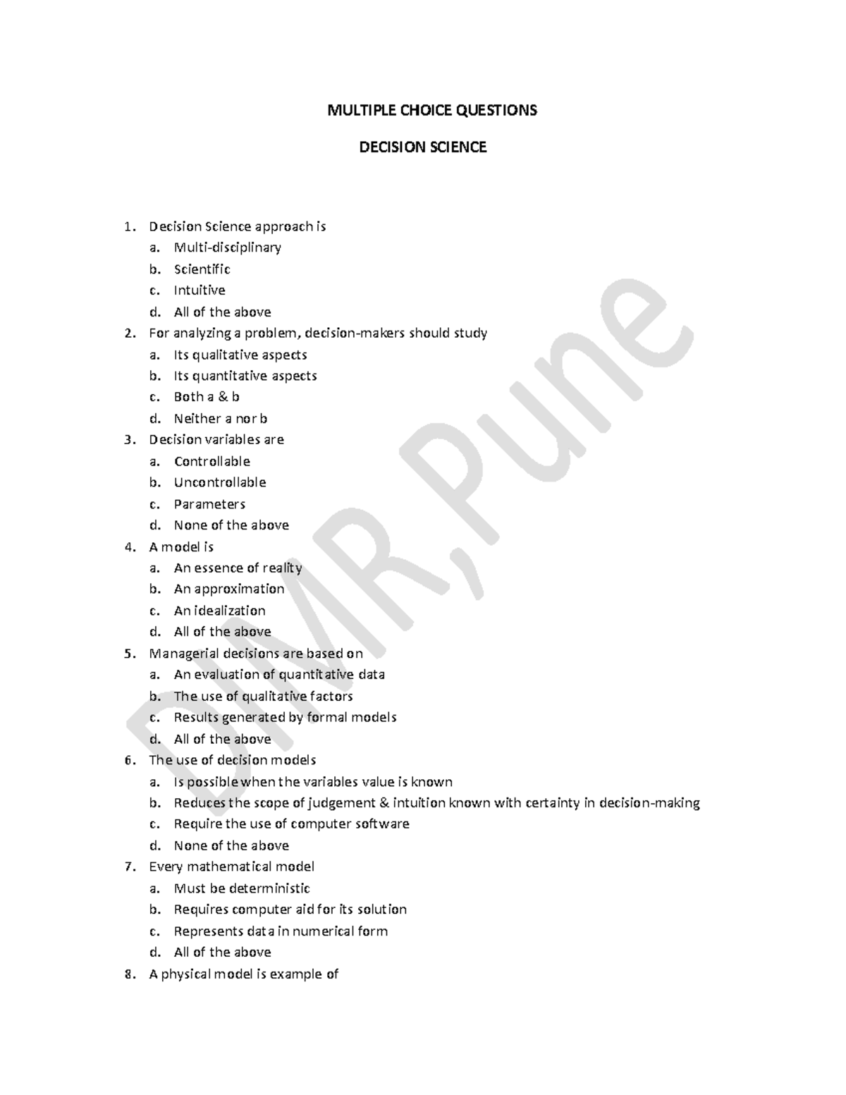 DS MCQ - ds mcq - MULTIPLE CHOICE QUESTIONS DECISION SCIENCE Decision ...