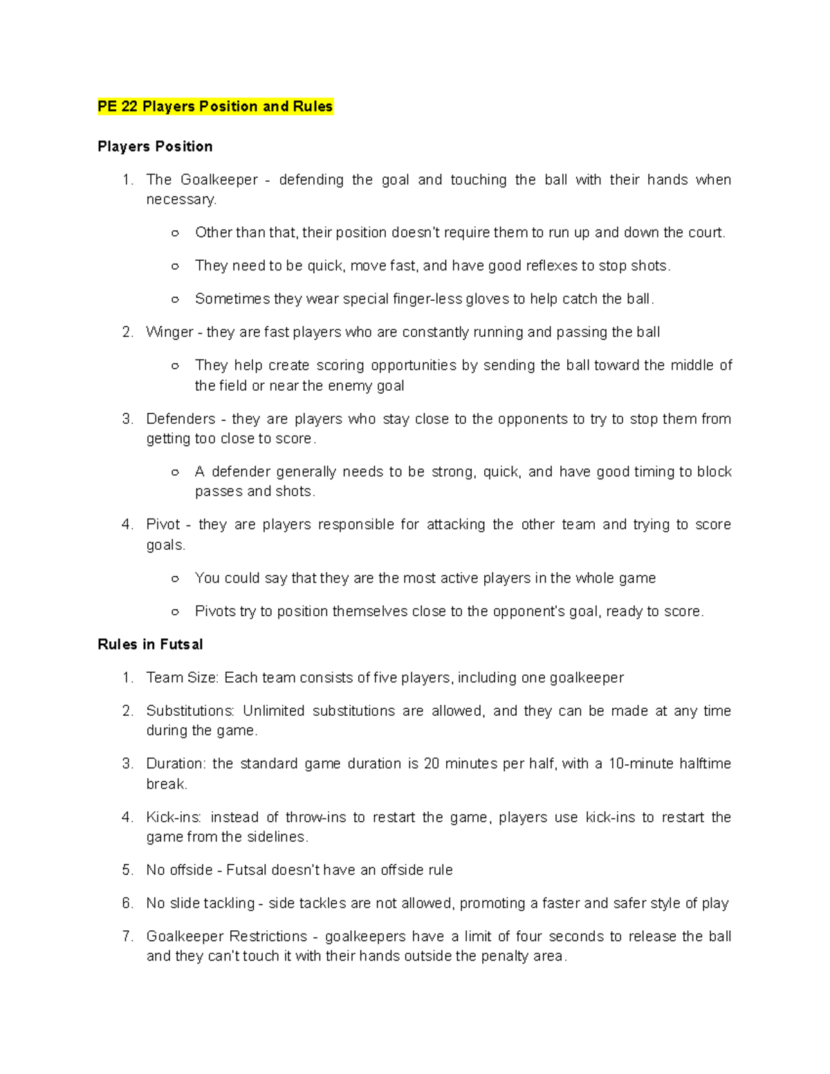 PE 22 2. Players Position and Rules - PE 22 Players Position and Rules ...