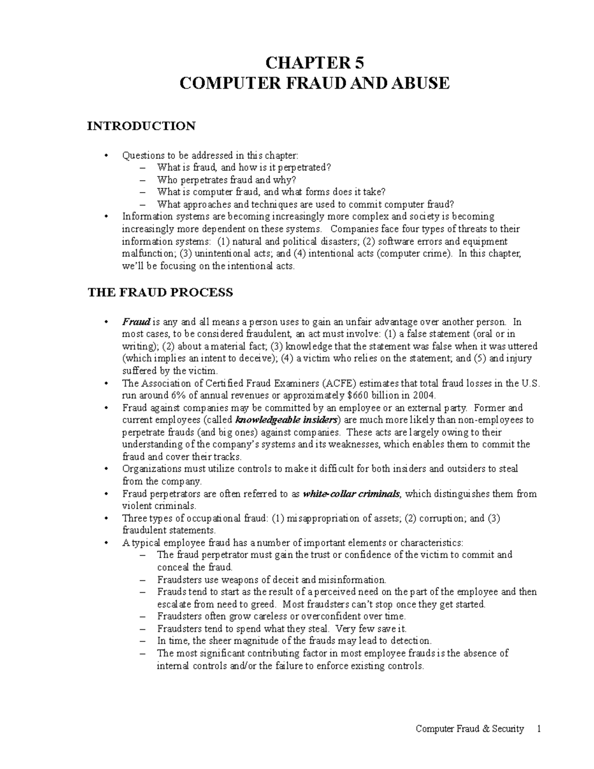IM CH05 - COMPUTER FRAUD AND ABUSE - CHAPTER 5 COMPUTER FRAUD AND ABUSE INTRODUCTION Questions ...