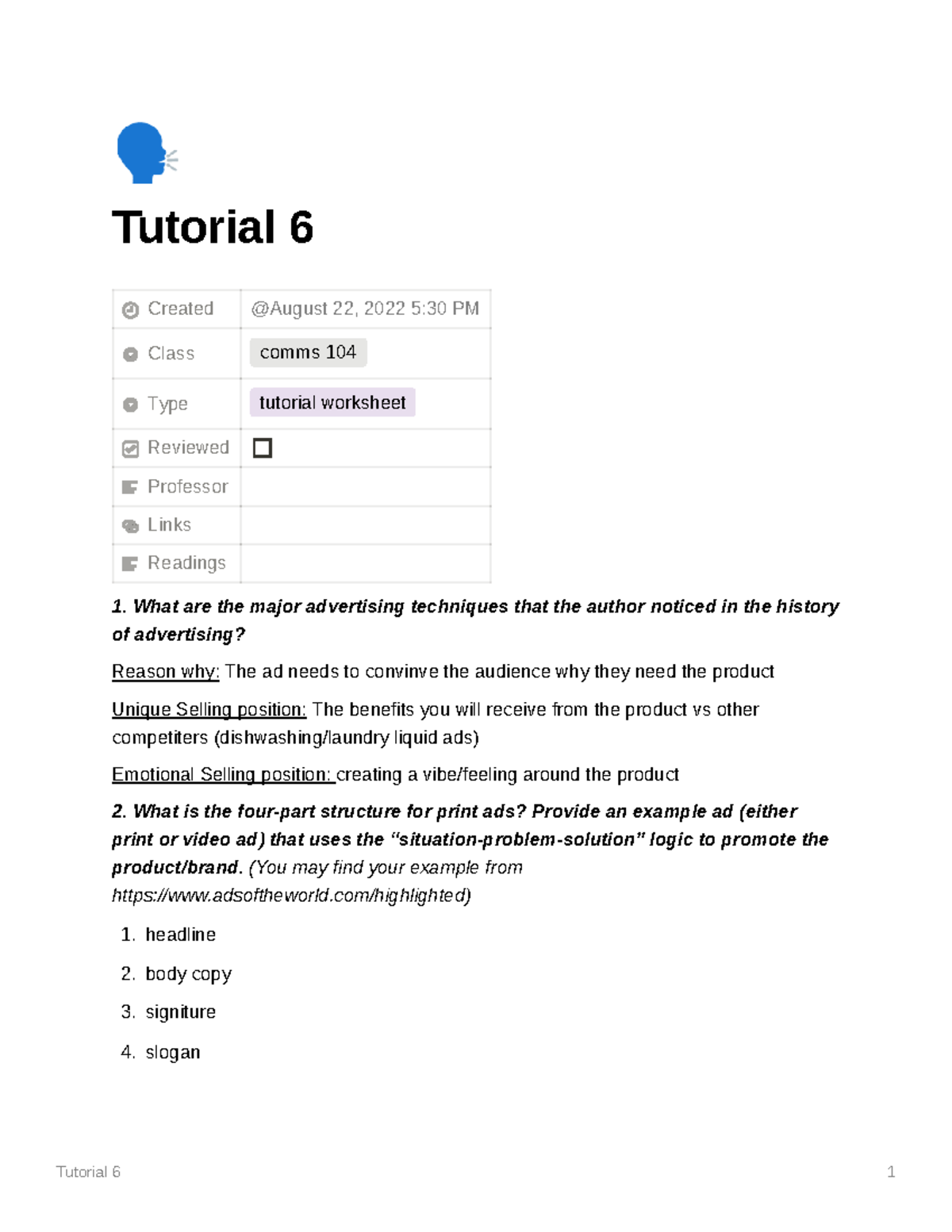 Tutorial 6 - Tutorial 6 1 l Tutorial 6 Created Class comms 104 Type tutorial worksheet Reviewed ...