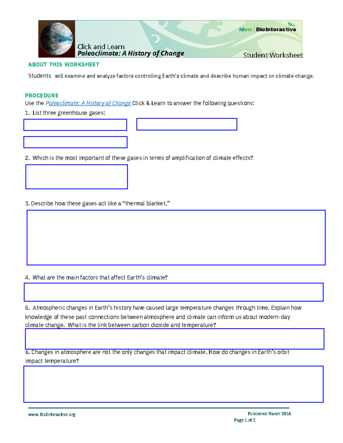 Palaeoclimate Student Worksheet - BioInteractive Published March 2016 ...