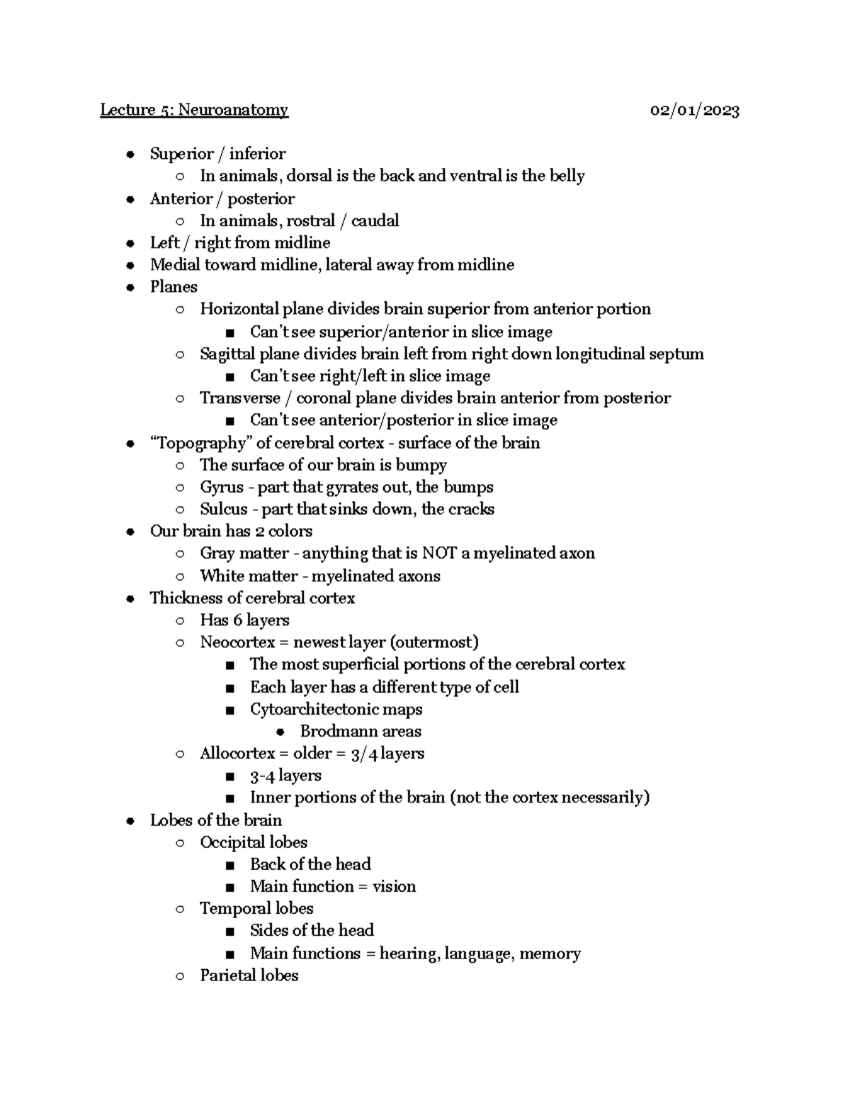 Lecture 5 Notes Neuroanatomy - Lecture 5: Neuroanatomy 02/01/ Superior ...