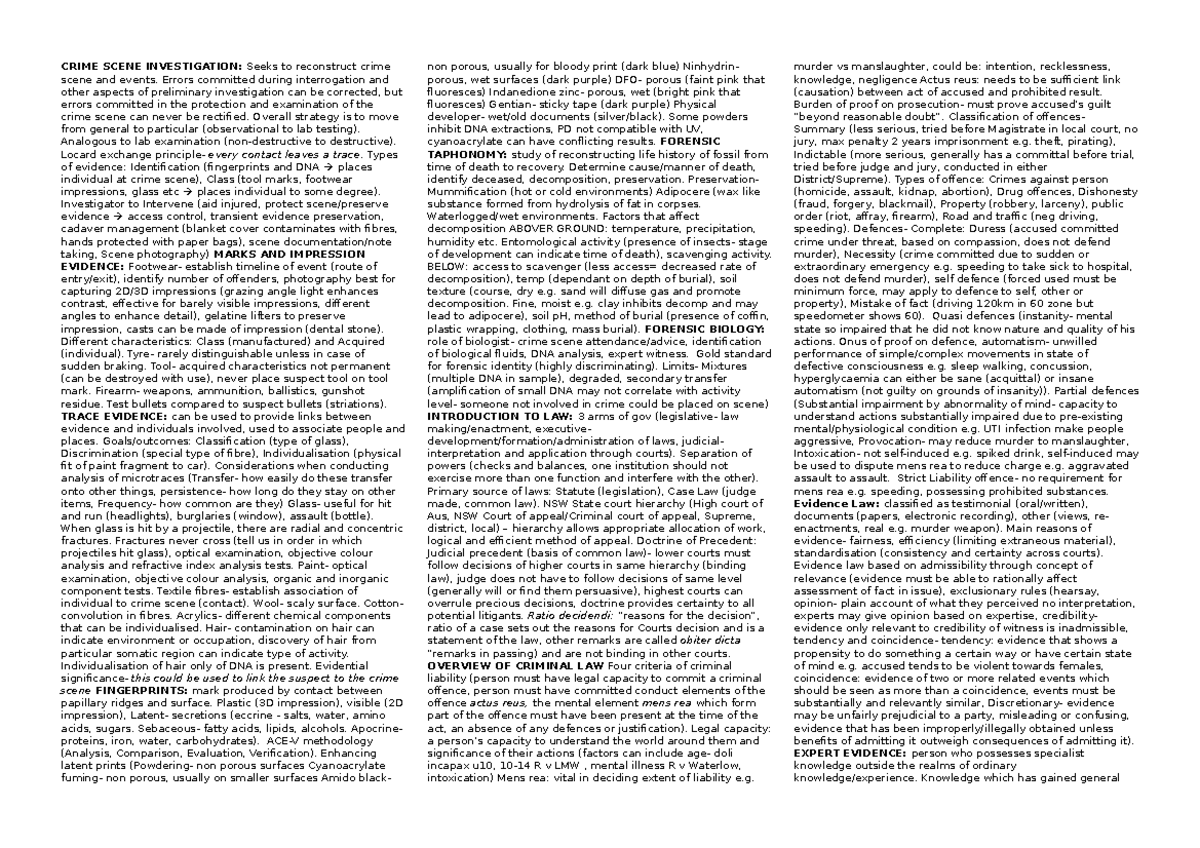 Pfs cheat sheet - Summary Principles of Forensic Science - CRIME SCENE ...
