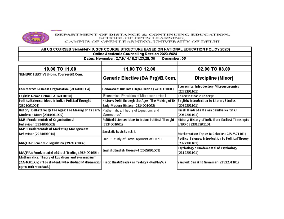 GE-I Time table - 10 TO 11 11 TO 12. 02 TO 03. GENERIC ELECTIVE (Hons ...