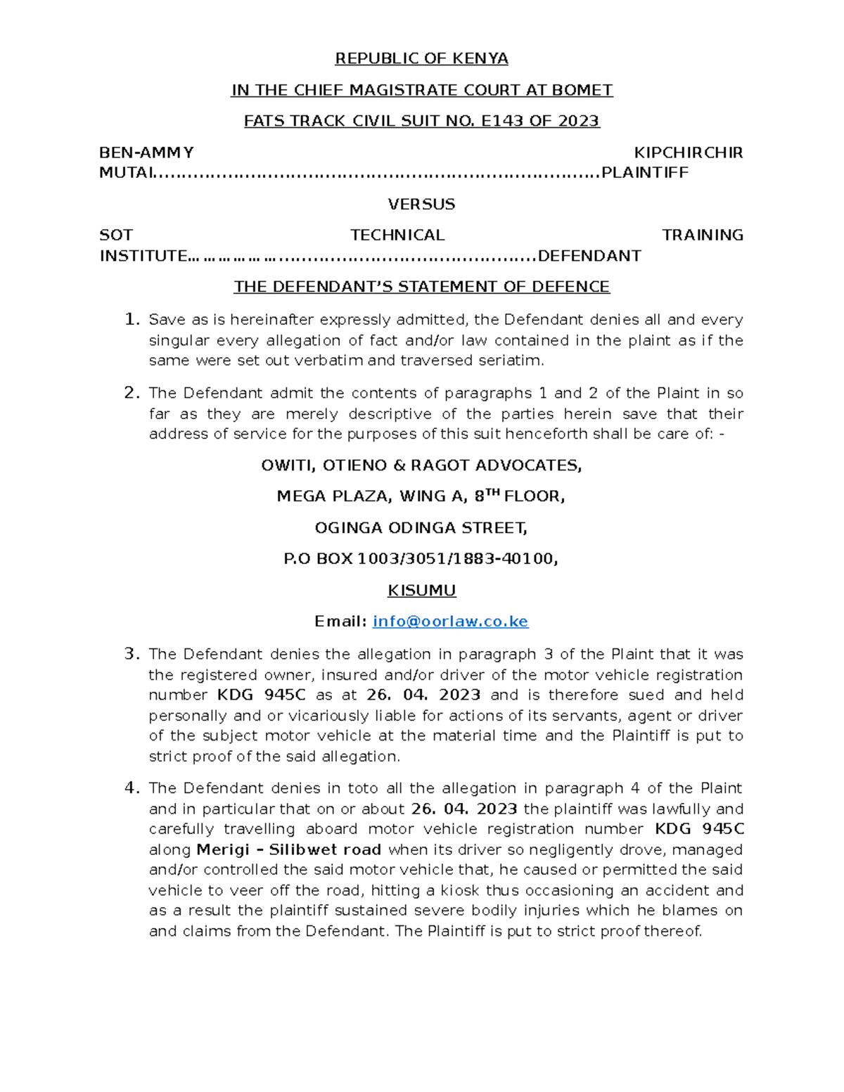 Defence -Ben- Ammy v Sot Technical Training Institute - REPUBLIC OF ...