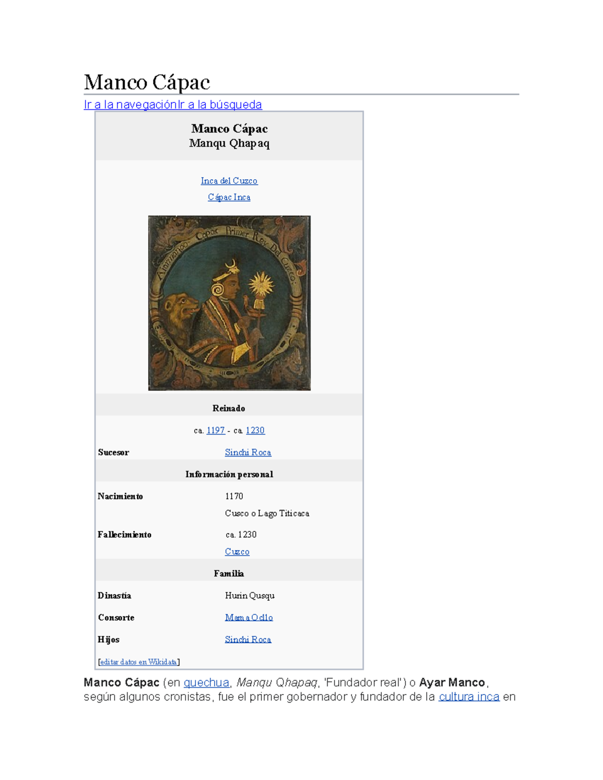 Manco Cápac - historia - Manco Cápac Ir a la navegaciónIr a la búsqueda ...