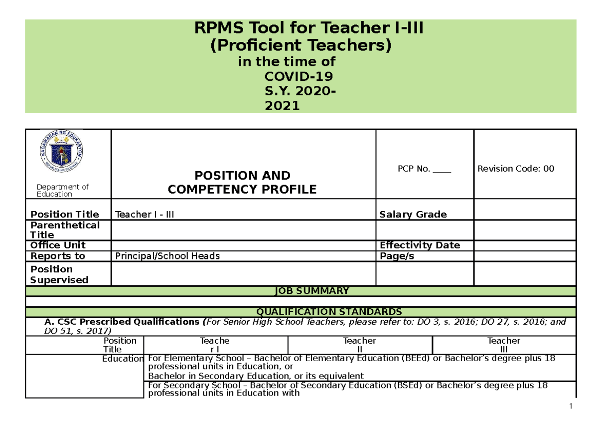 RPMS Tool for T I III SY 2020 2021 in the time of Covid 19 - RPMS Tool ...