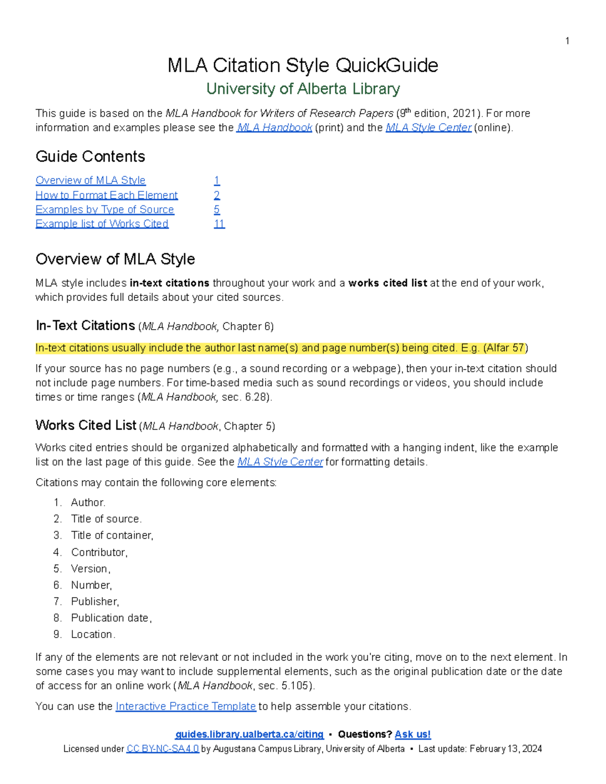 MLA Citation Quick Guide - MLA Citation Style QuickGuide University of Alberta Library This ...