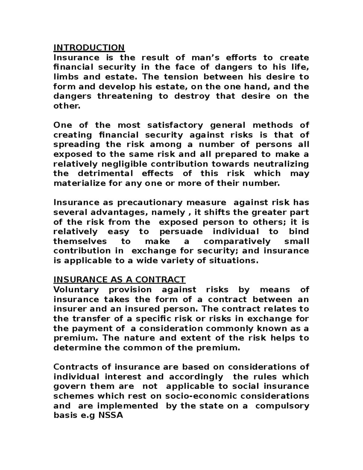 Insurance Lecture Notes 1 - INTRODUCTION Insurance is the result of man ...