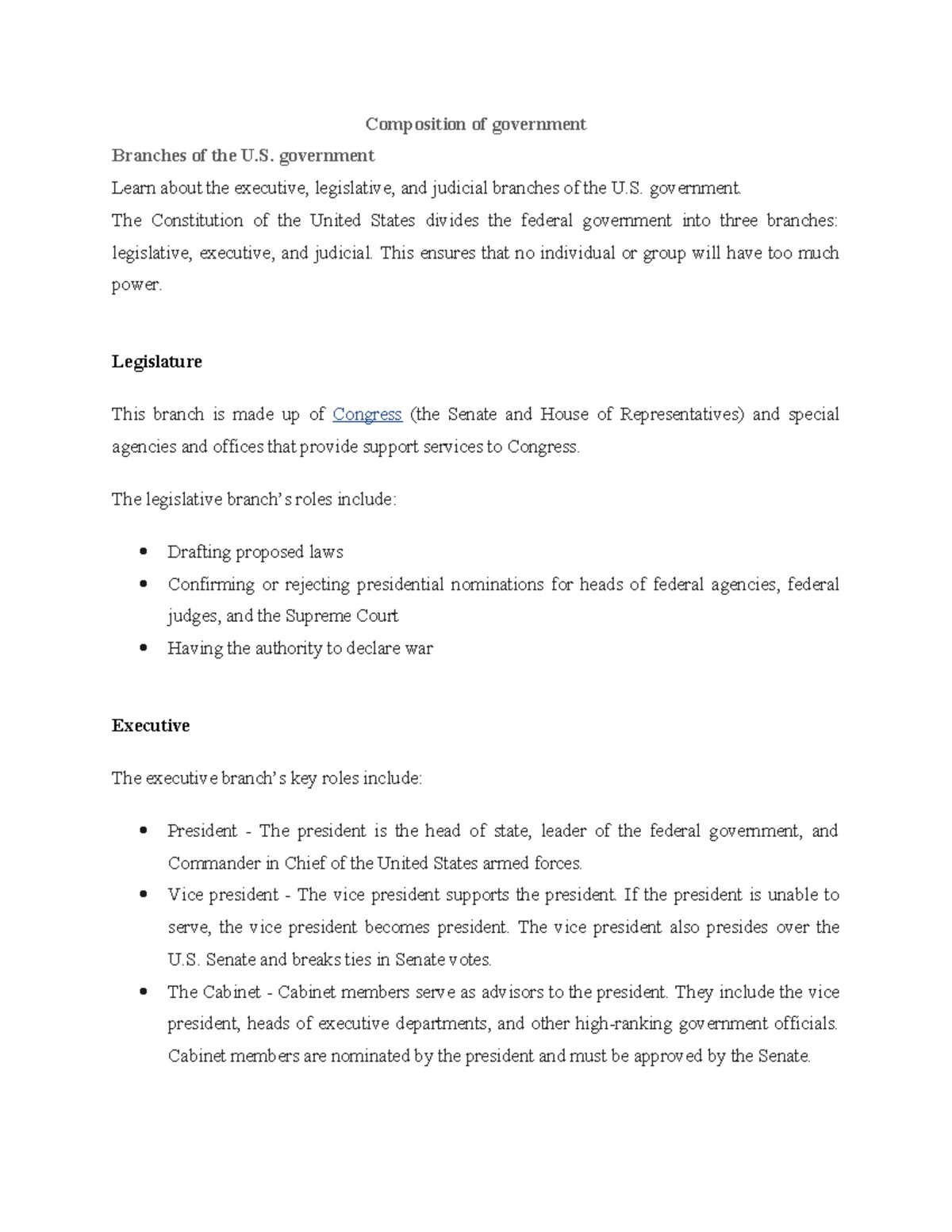 Composition of Government - Composition of government Branches of the U ...