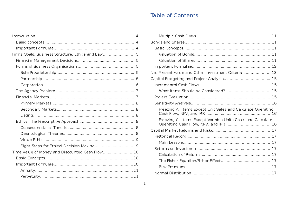 Notes - Table of Contents - Studocu