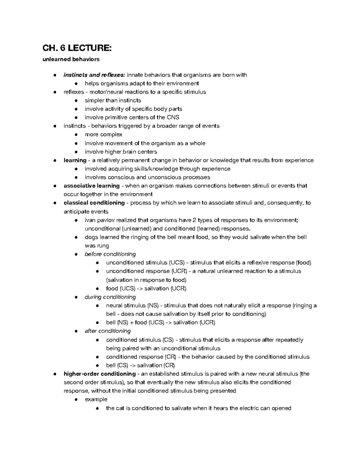 Chapter 6 - CH. 6 LECTURE: unlearned behaviors instincts and reflexes ...