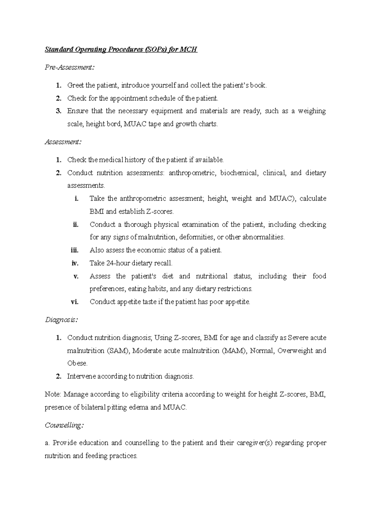 Standard operating procedures (SOPs) for MCH - Standard Operating Procedures (SOPs) for MCH ...