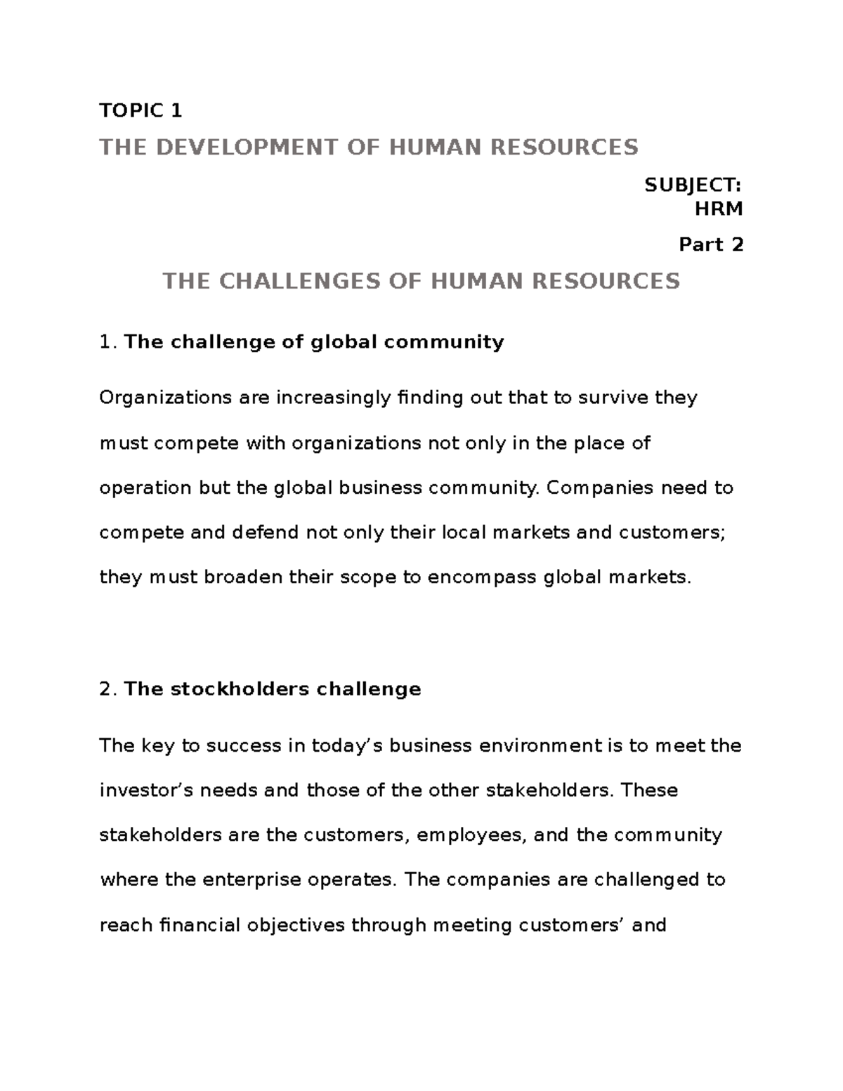 Part 2 THE Development OF Human Resources - TOPIC 1 THE DEVELOPMENT OF HUMAN RESOURCES SUBJECT ...
