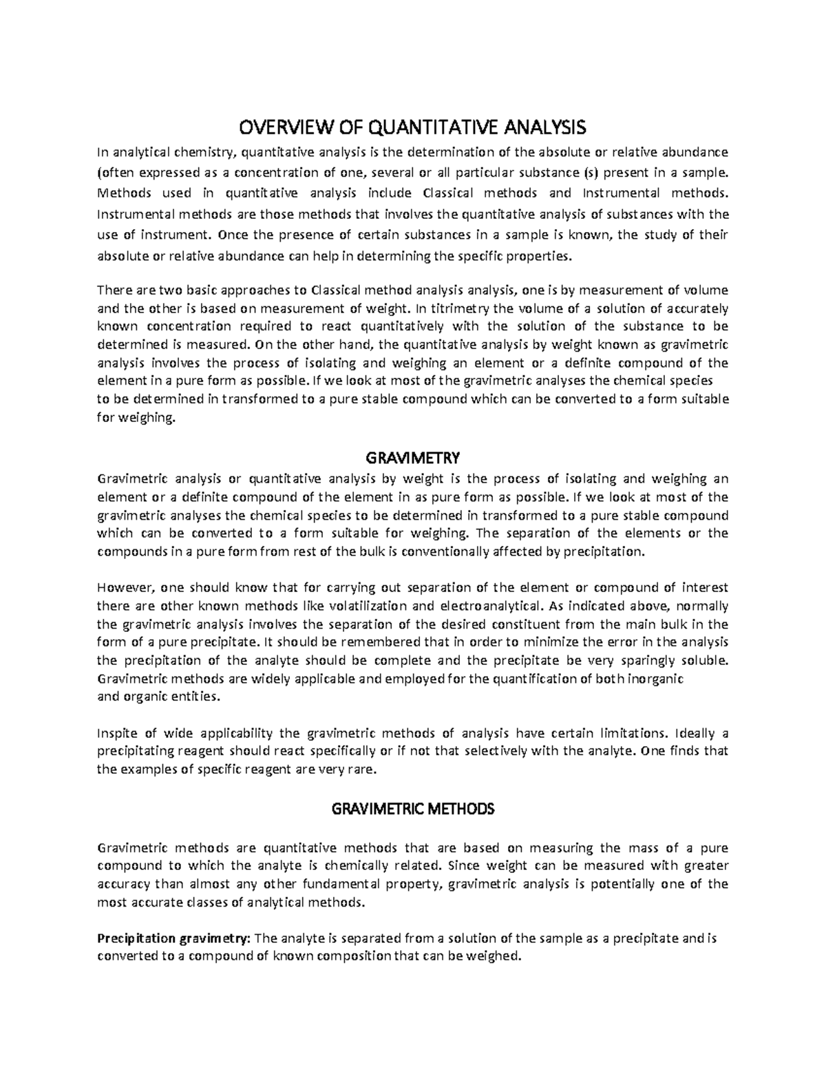Notes in Gravimetry - OVERVIEW OF QUANTITATIVE ANALYSIS In analytical ...