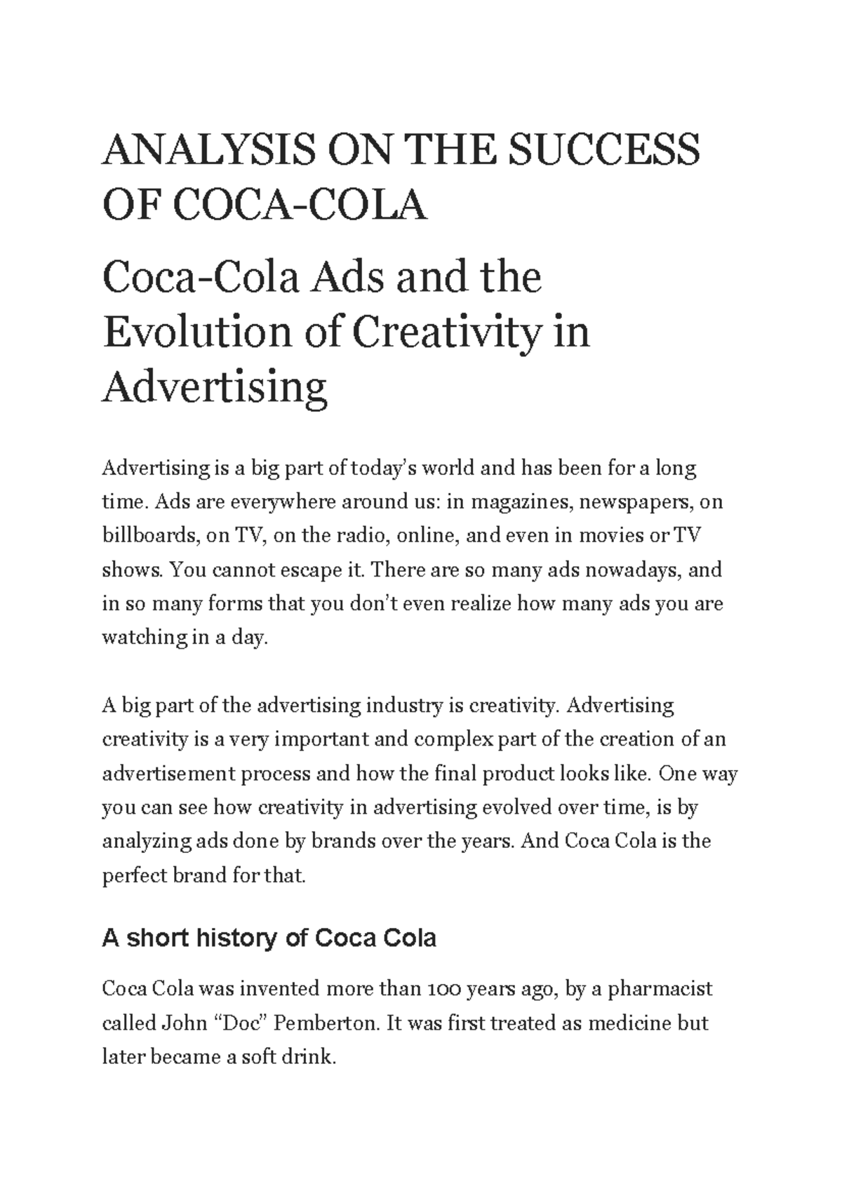 Coca mini - ANALYSIS ON THE SUCCESS OF COCA-COLA Coca-Cola Ads and the ...