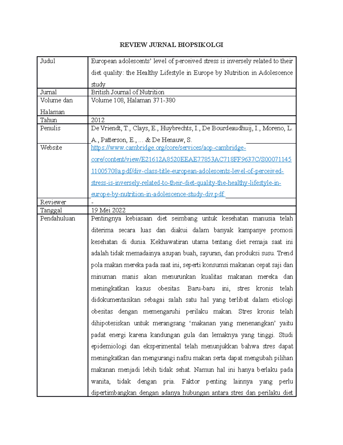 Review Jurnal Biopsikolgi 2 - REVIEW JURNAL BIOPSIKOLGI Judul European ...